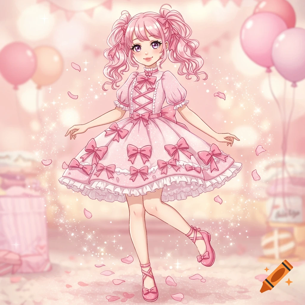 Cute cartoon character in blue dress surrounded by candy. on Craiyon