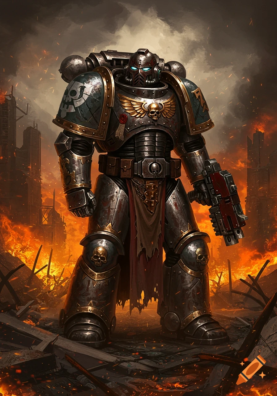 A blue and gold armored Space Marine stands on a rocky alien planet ...