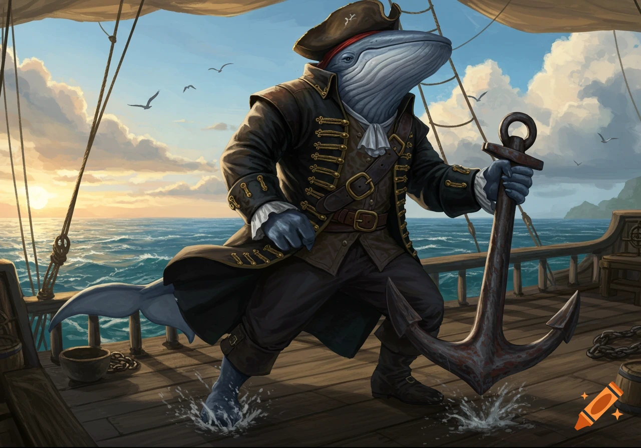 A muscular blue-skinned swashbuckler in chainmail, feathered tricorne ...