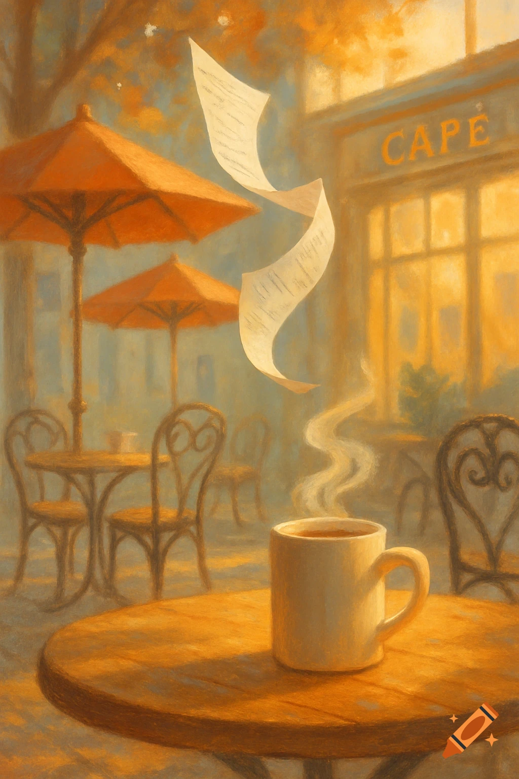 A cozy, sunlit coffee shop or library scene with bookshelves, steaming ...