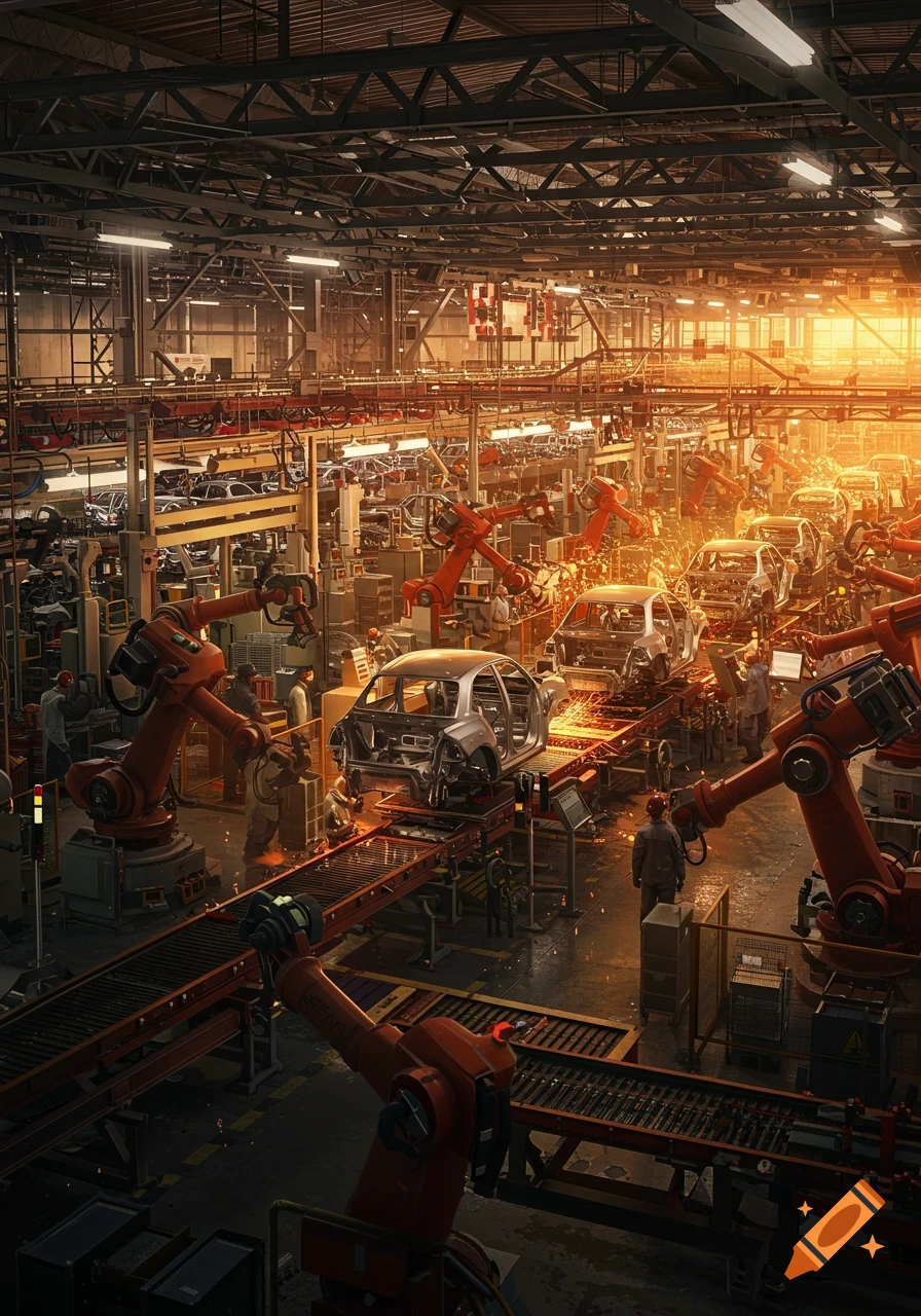 A worker operates a large industrial machine in a factory, with glowing ...