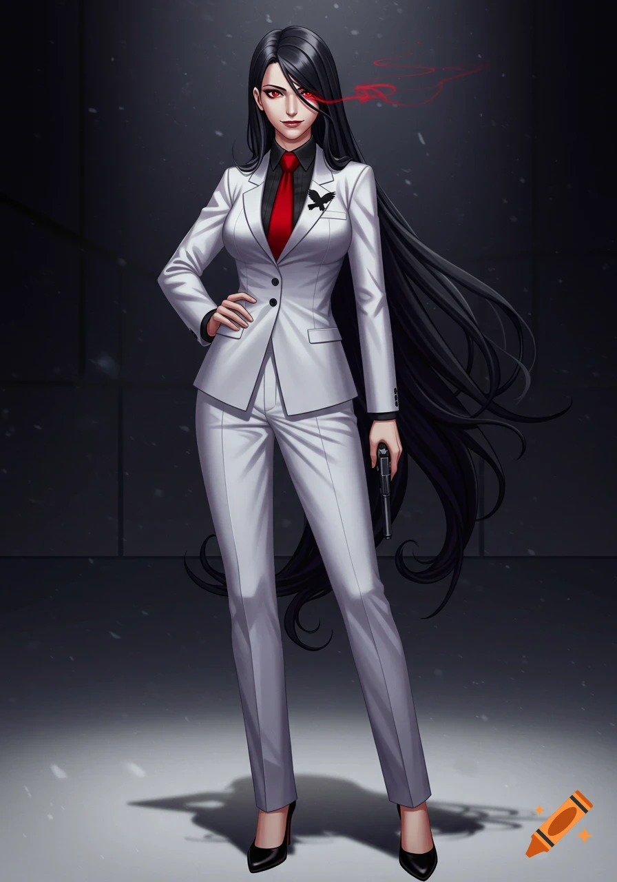Anime-style businesswoman with long black hair and red eyes, wearing a ...