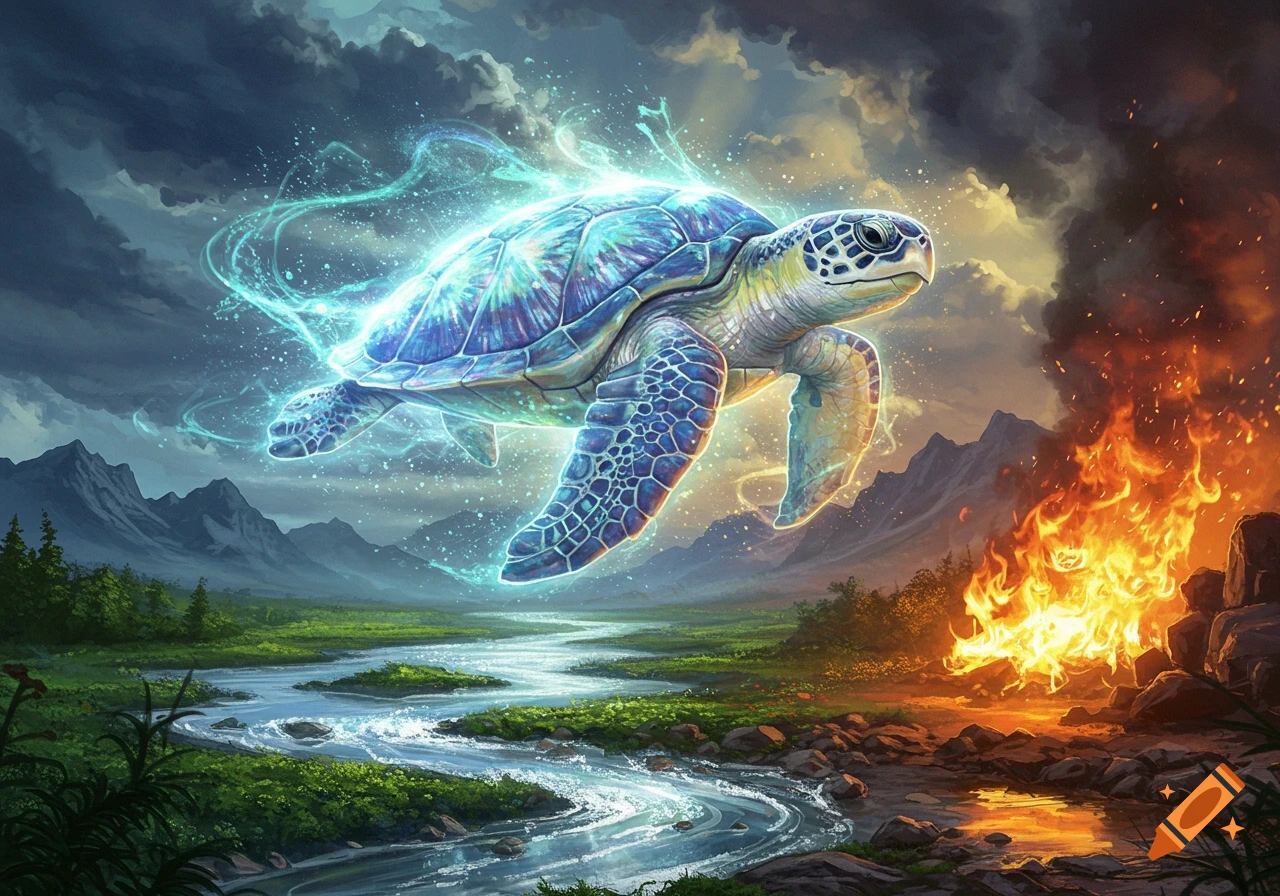 A large sea turtle with a glowing contrail flies high above fluffy ...