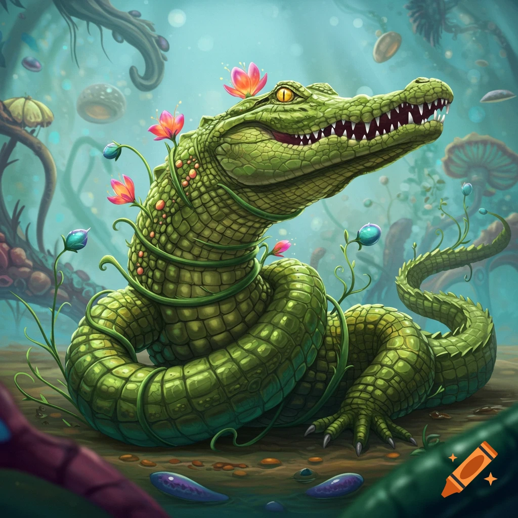 A grinning, moss-covered rock monster eats a small rock in a vibrant ...