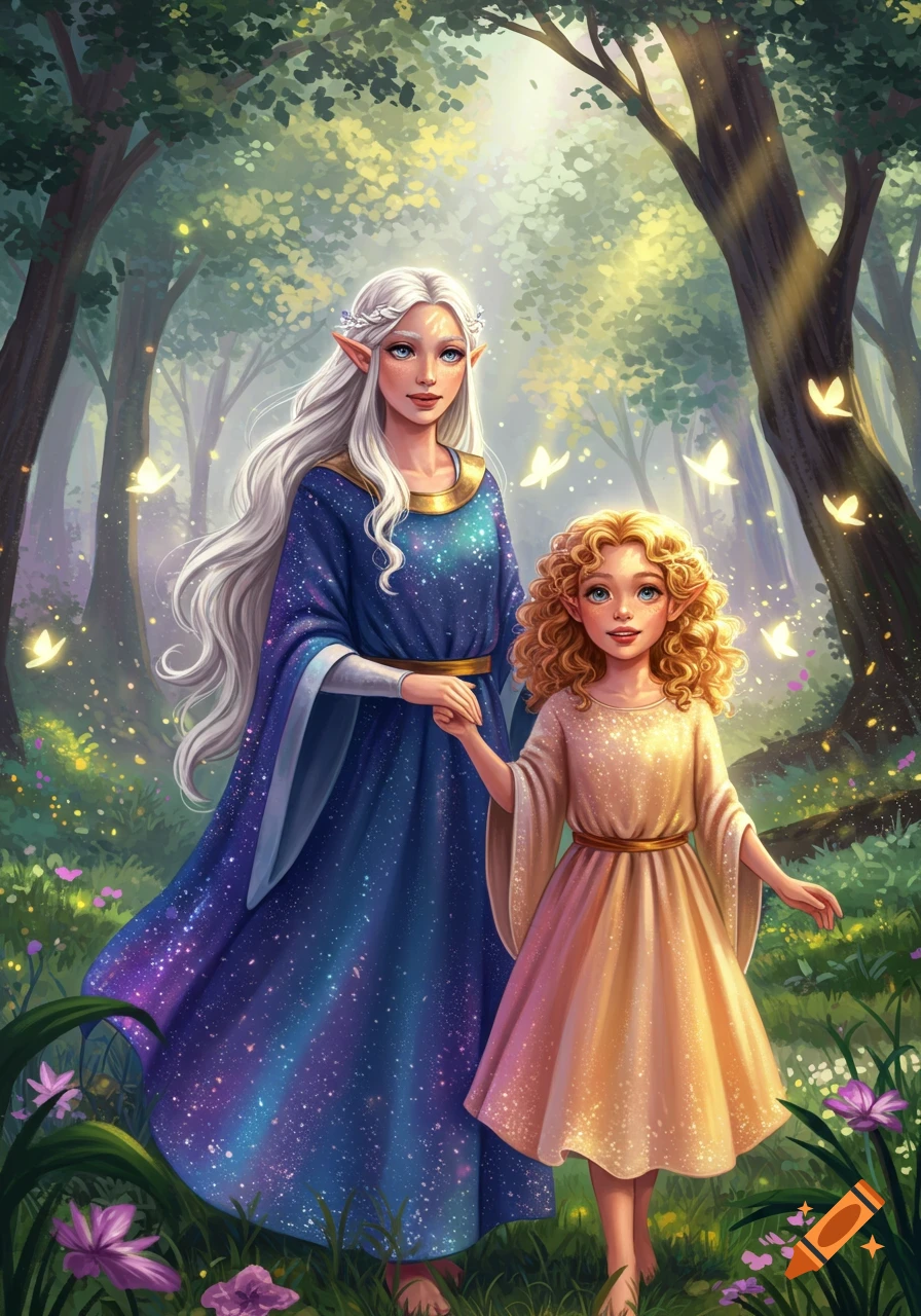 An illustrated fantasy scene of a silver-haired elf mother reading a ...