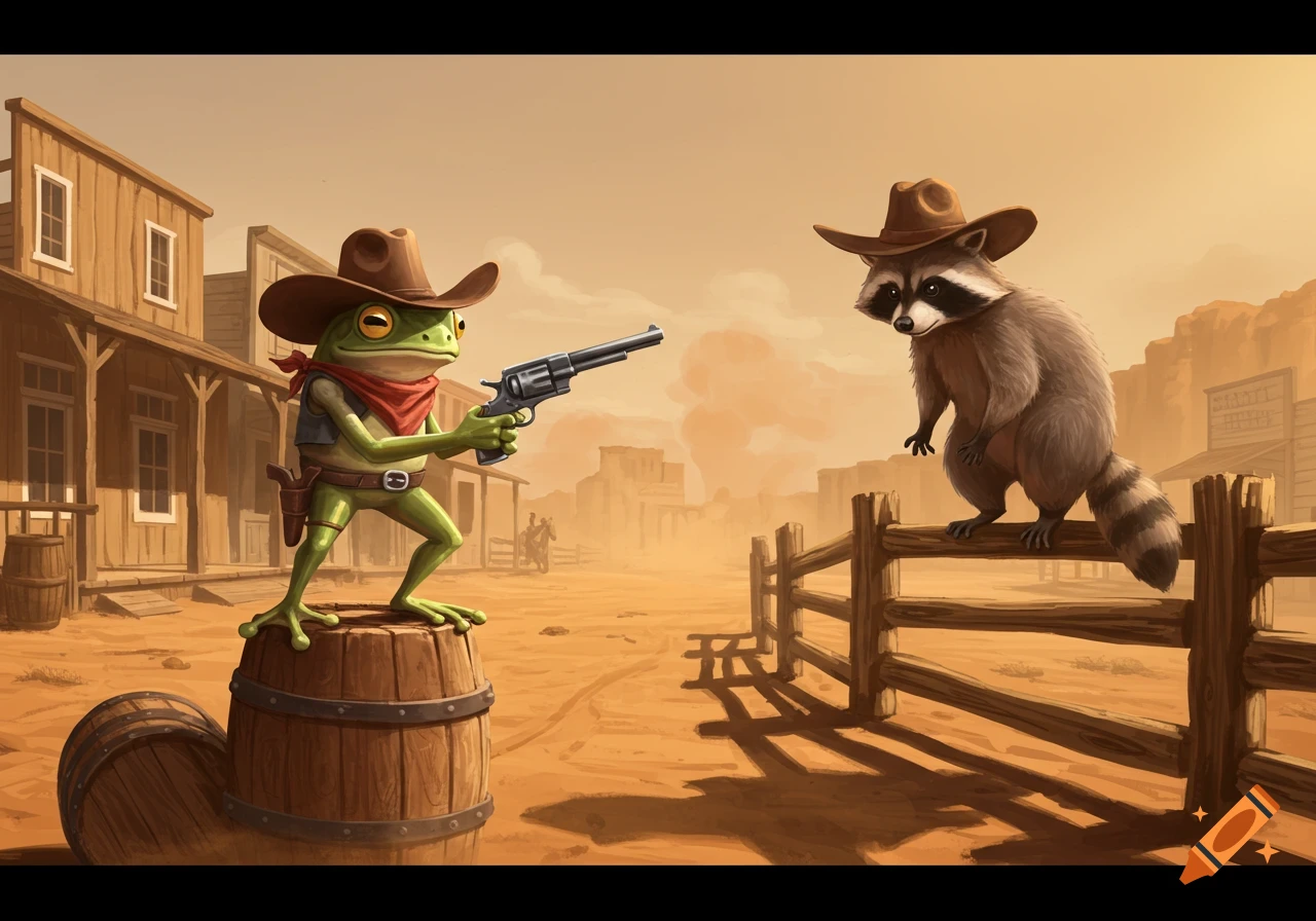 A cartoon chameleon cowboy with a cigarette leans against a cactus in a ...