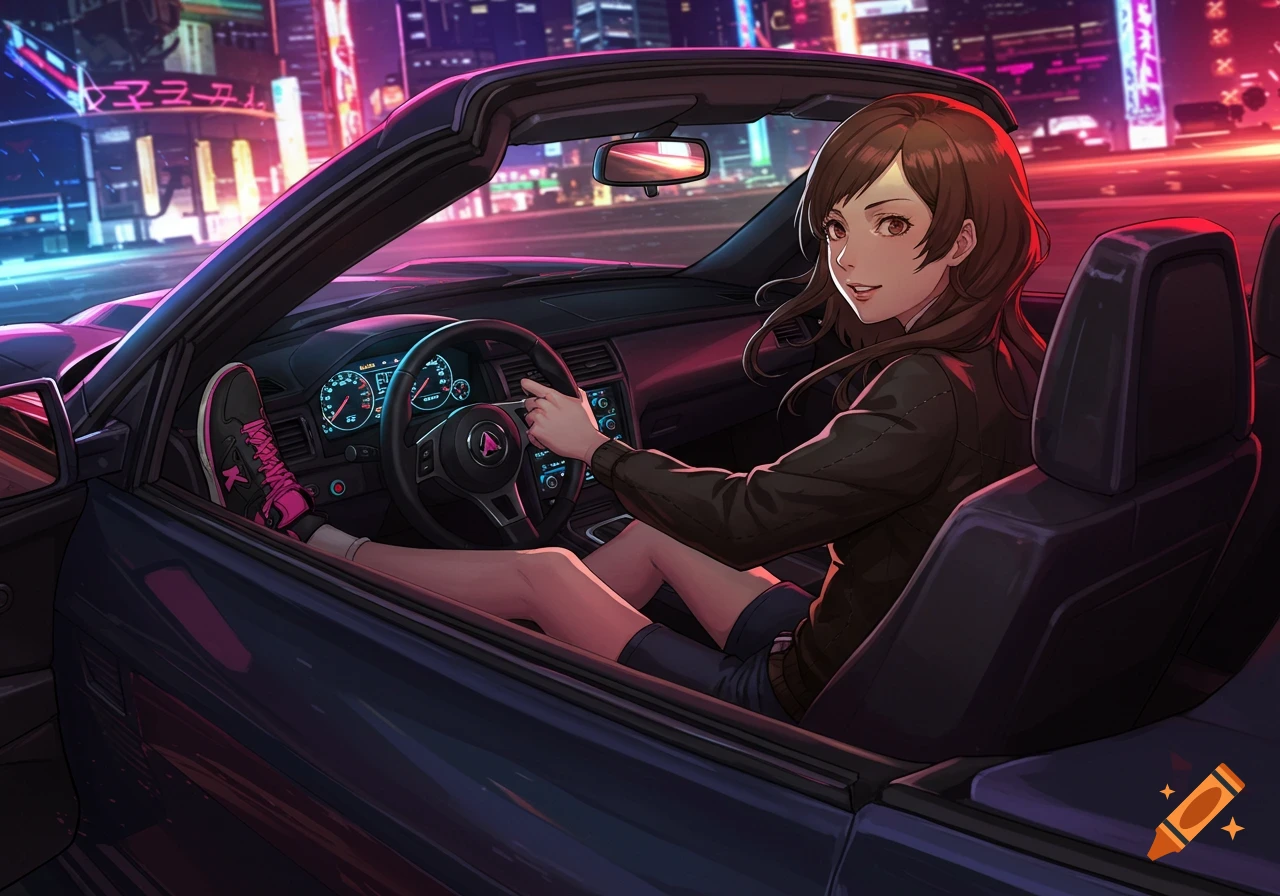 An anime woman with blue hair stands next to a silver motorbike on a ...