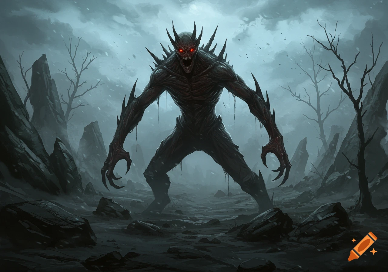 A dark demonic horned creature with glowing red eyes and sharp clawed ...