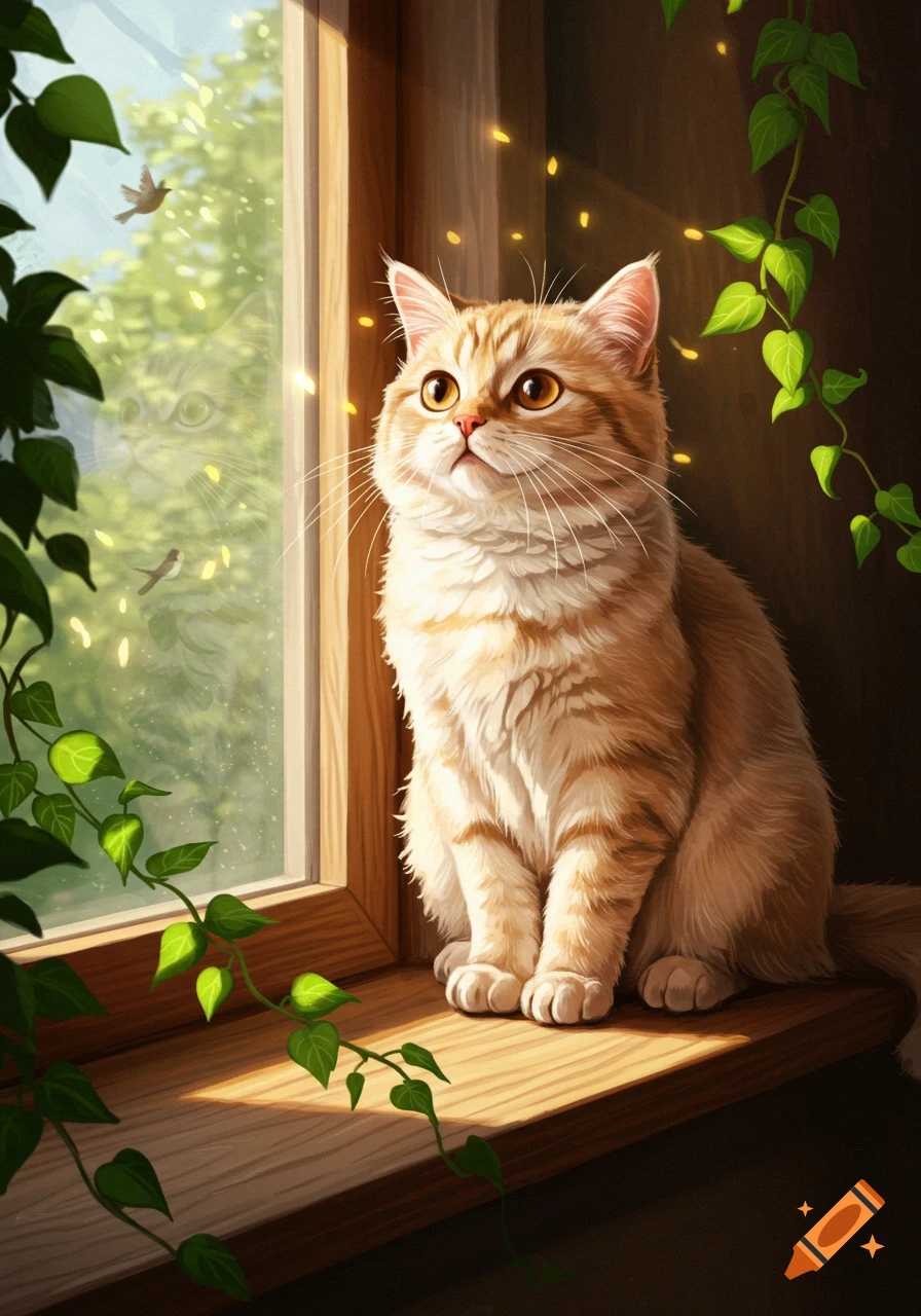 A fluffy orange and white cat lies on a cloud, looking up at birds ...