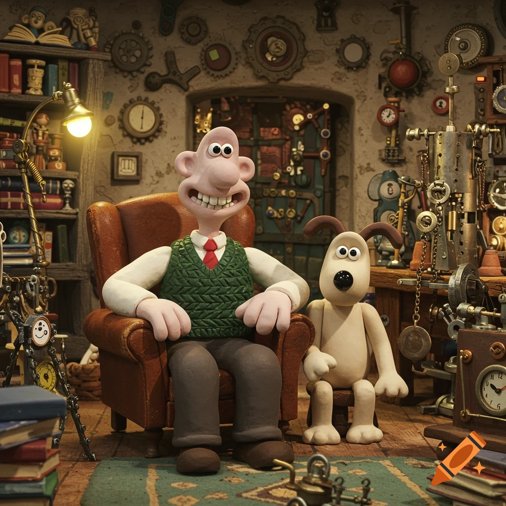 Claymation Wallace sits in a brown armchair smiling, with Gromit ...