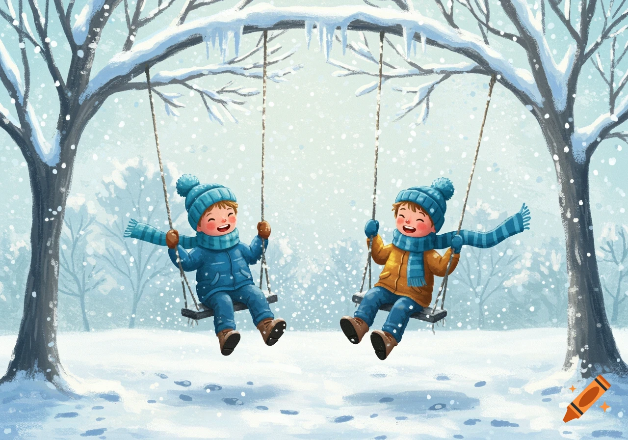 Cartoon children in winter clothes have a snowball fight in a snowy ...