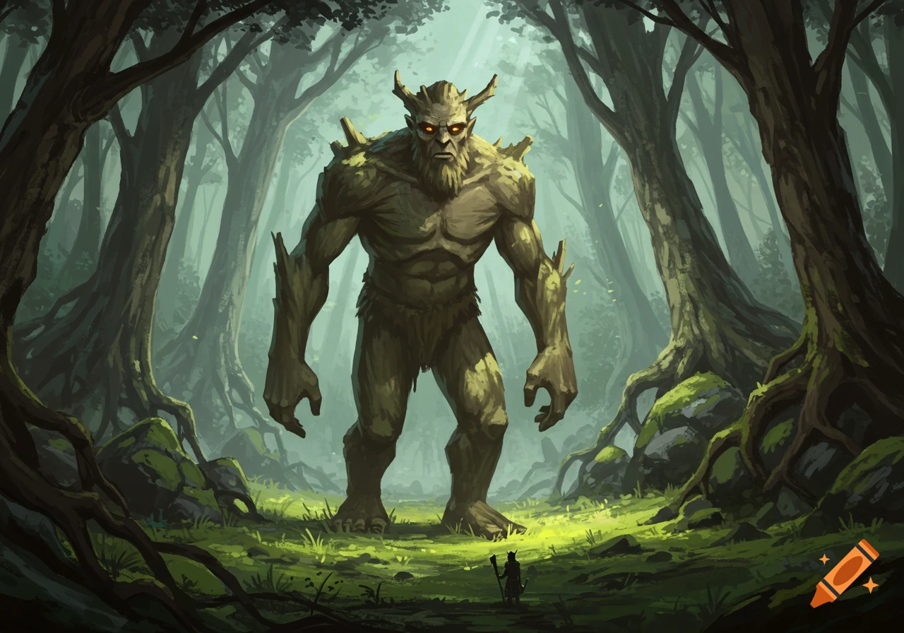 A fierce, muscular bugbear with red eyes stands in a dark, misty forest ...