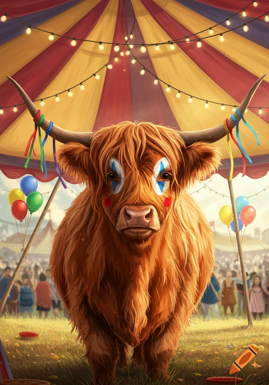 A fat, saddled cow stands in a dusty rodeo arena, surrounded by a ...