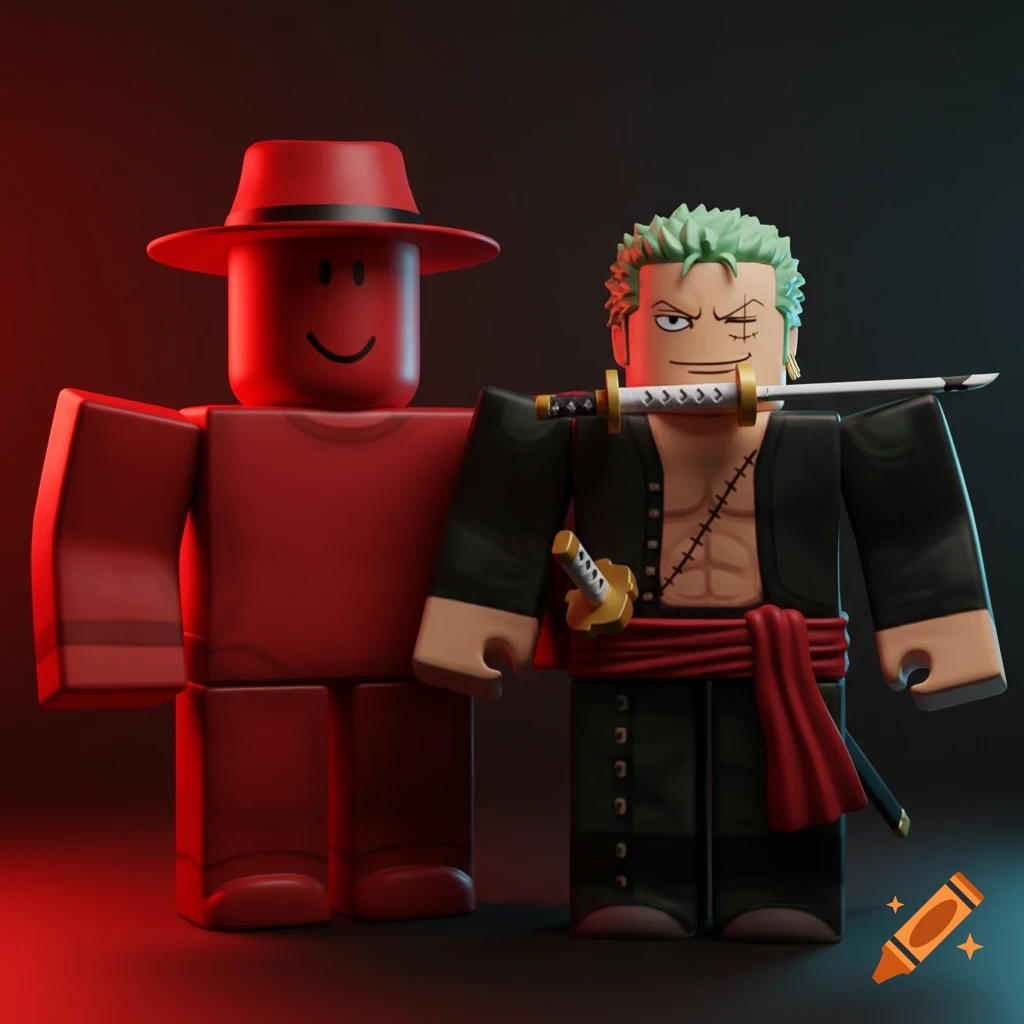 A red Roblox character with a hat and a Roblox-style Zoro from One ...