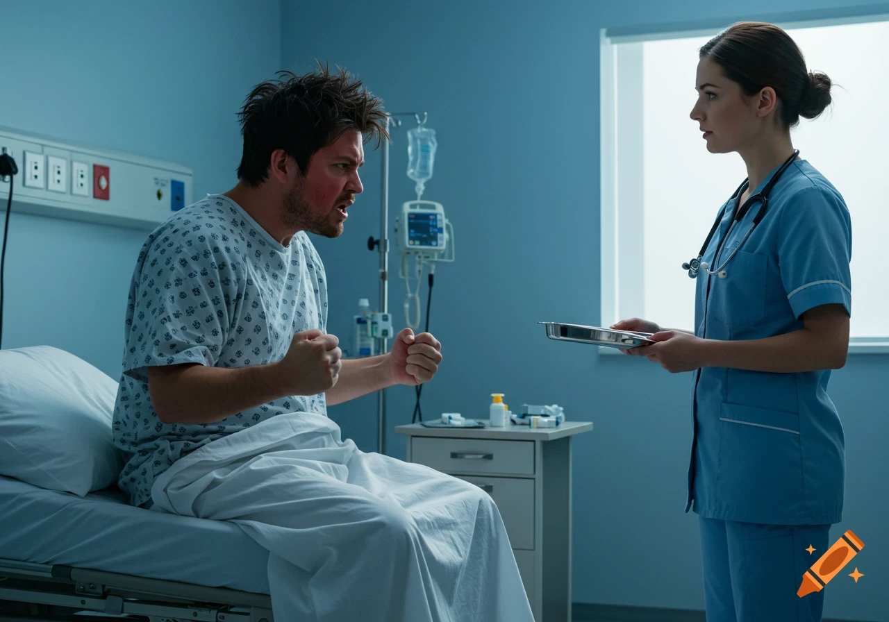 An angry male patient in a hospital gown yells at a nurse holding a ...