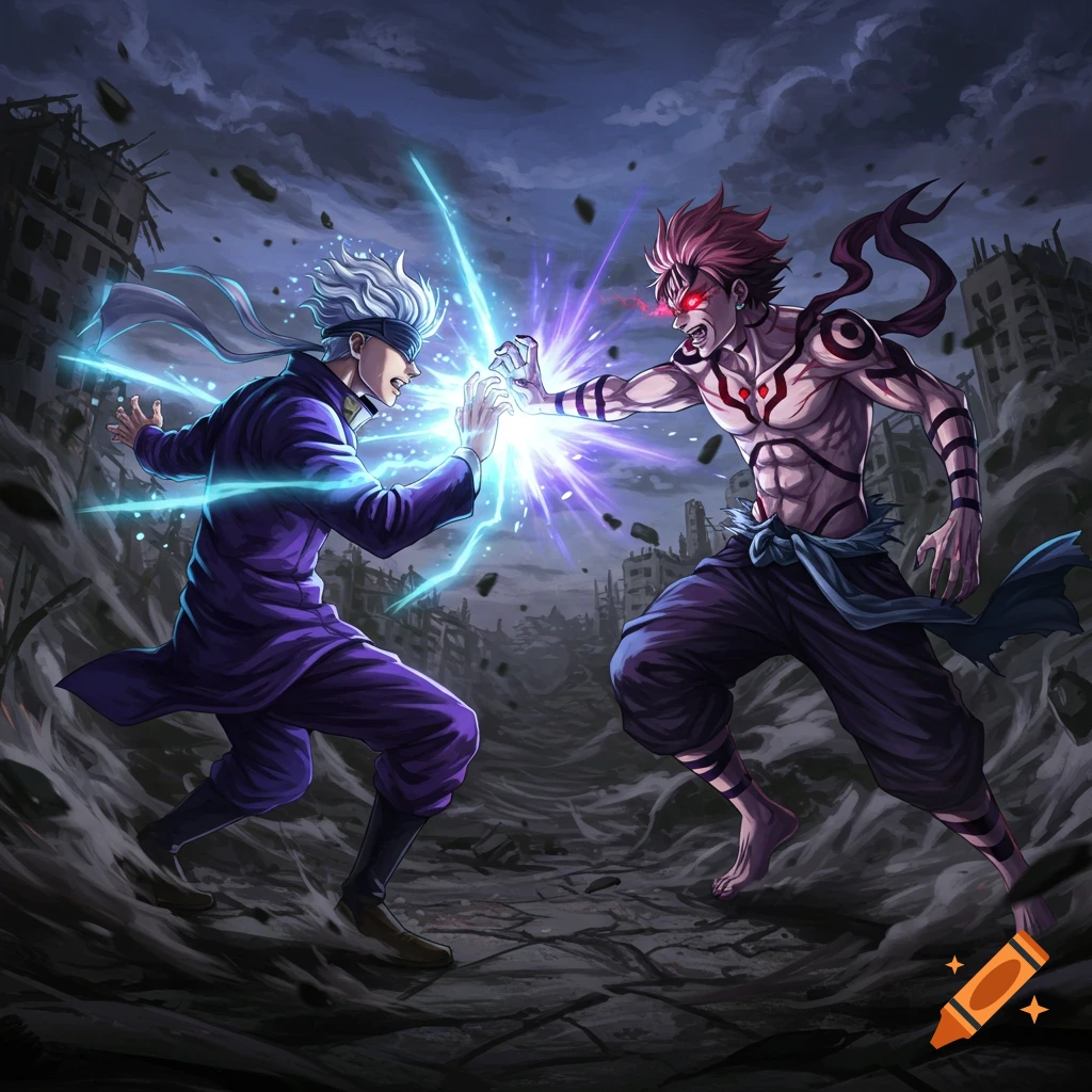 Two anime characters, Sukuna and Gojo, clash with powerful energy ...