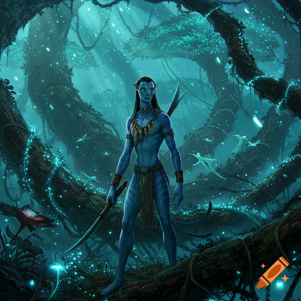 A blue-skinned character resembling Neytiri from Avatar stands in a ...