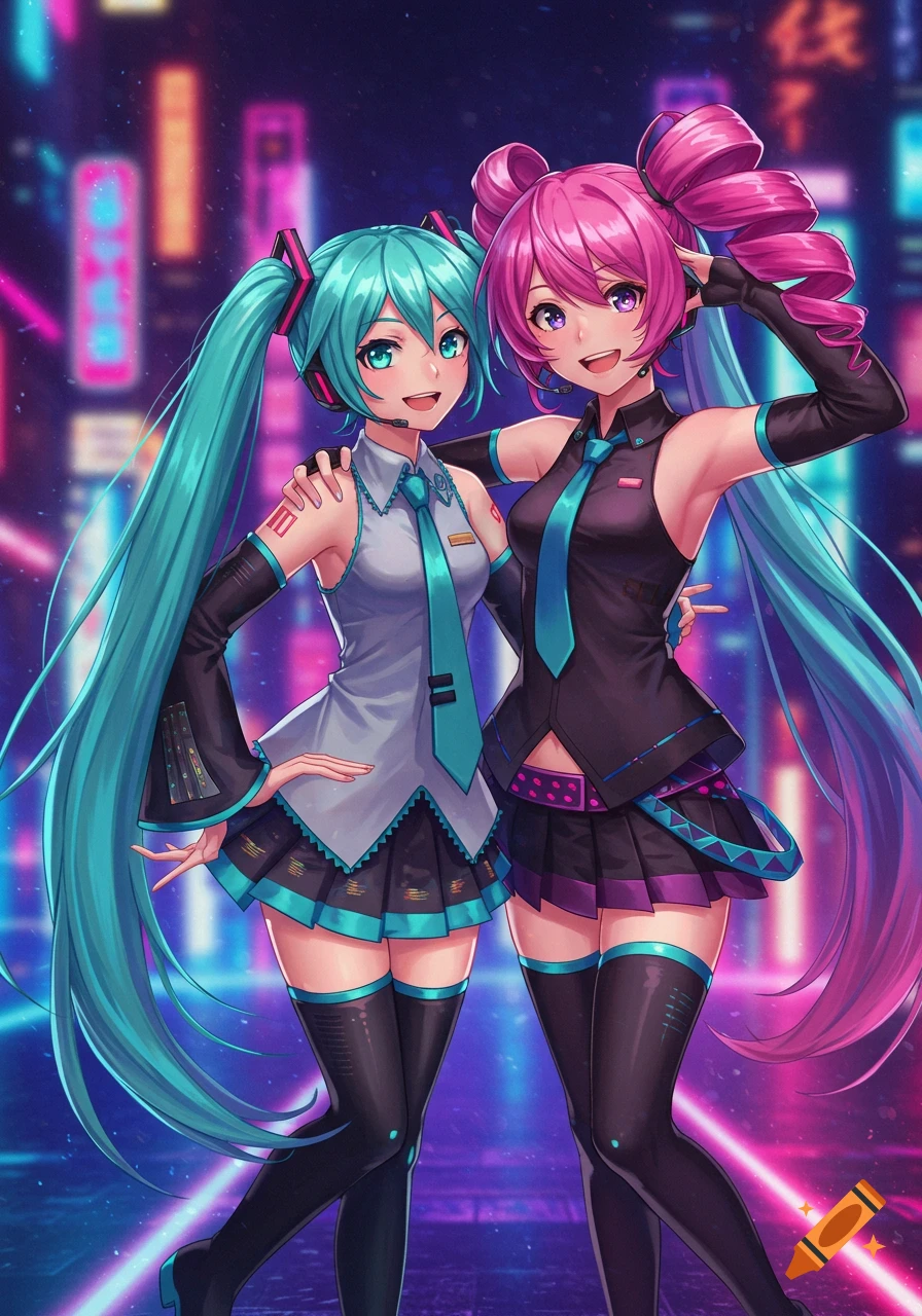 Anime illustration of Hatsune Miku and Madoka Kaname holding hands in a ...