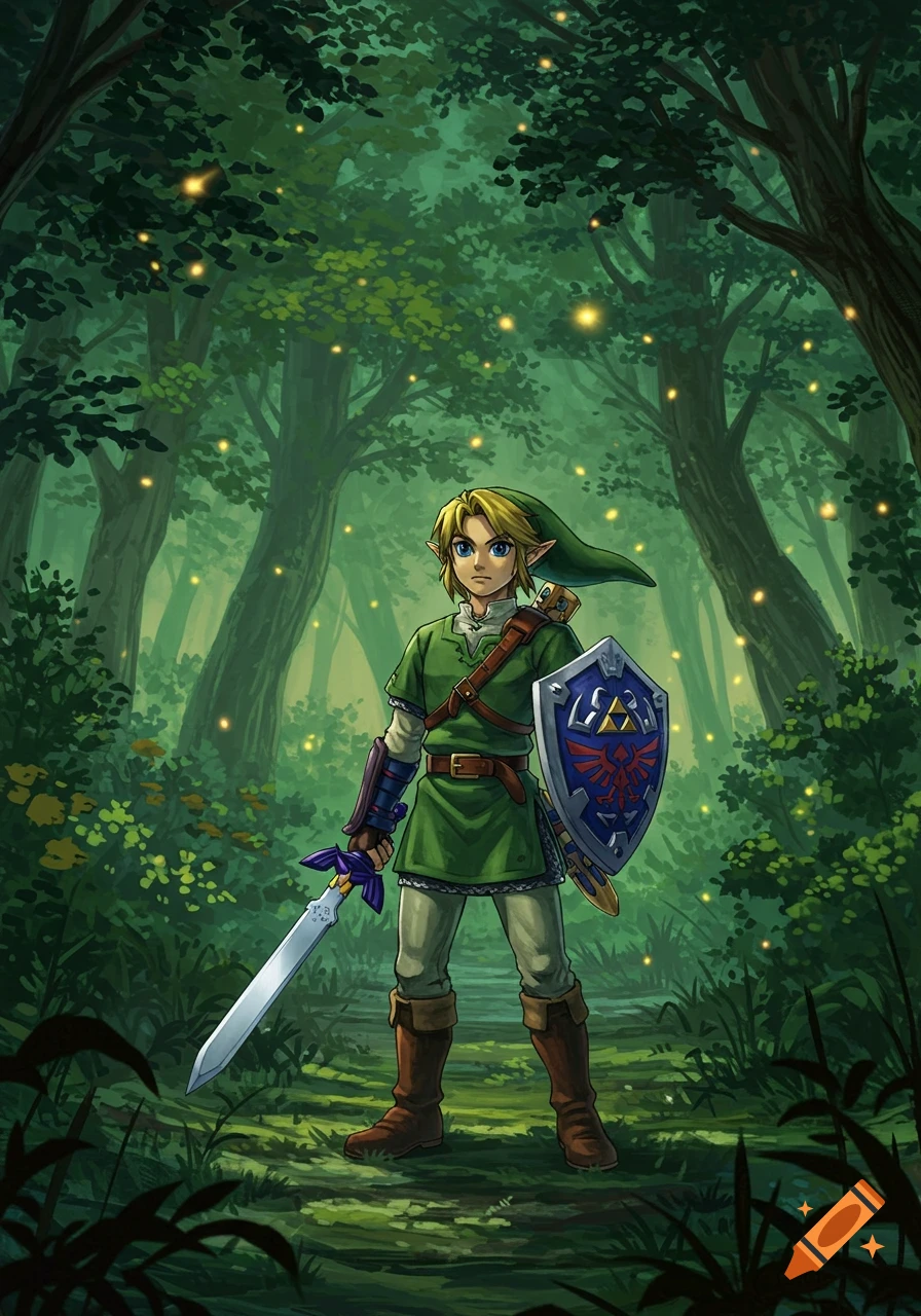 Link holds the Master Sword and shield next to Princess Zelda in a lush ...