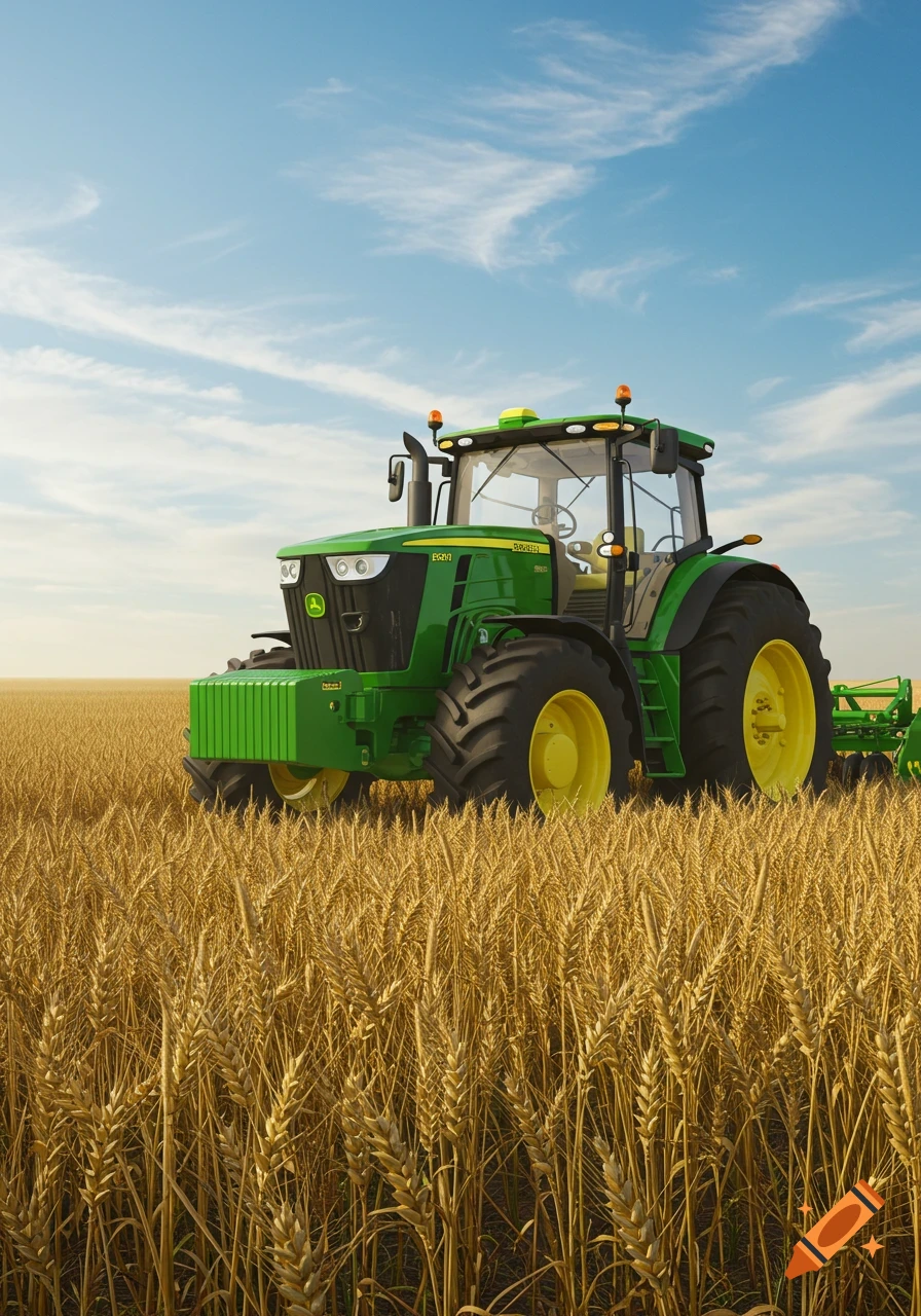 A photorealistic green farm tanker drives through a golden wheat field ...