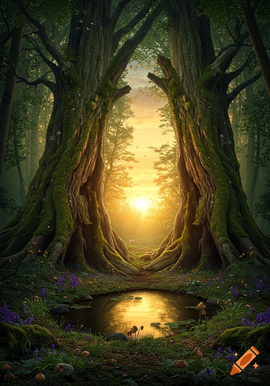 A majestic ancient tree with a thick trunk and sprawling branches in a ...