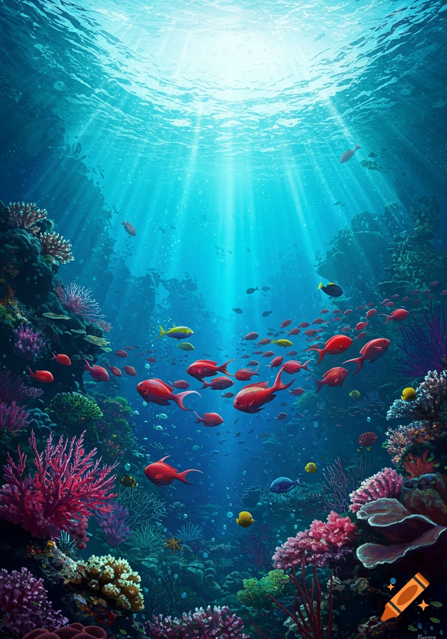 Vibrant underwater scene with colorful red and yellow fish swimming ...