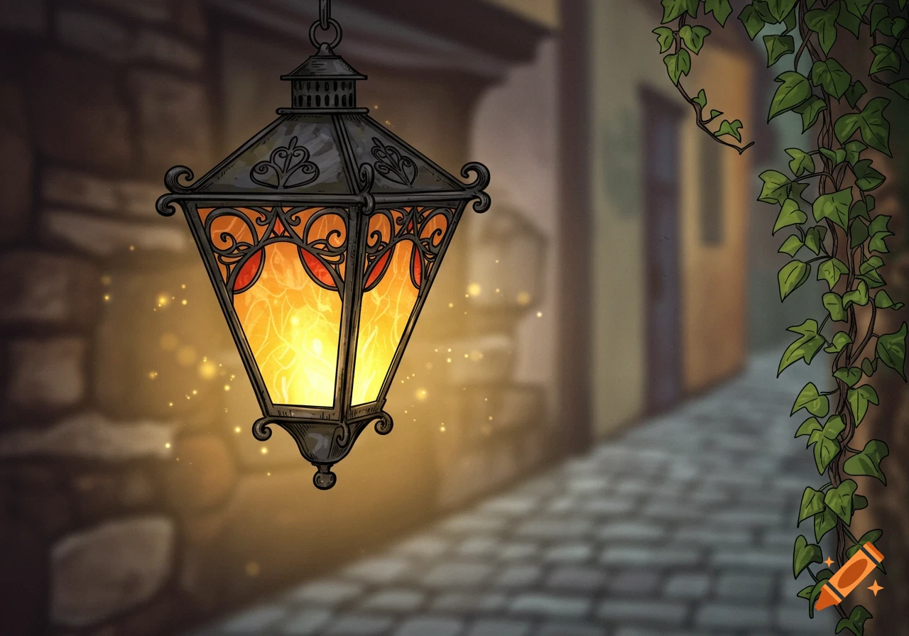 A stylized hand-drawn illustration of an ornate, glowing lantern ...