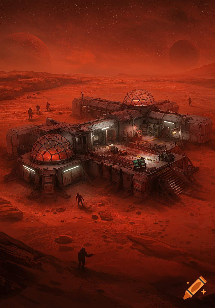 A sketchy ink illustration from a space station window showing a grand ...