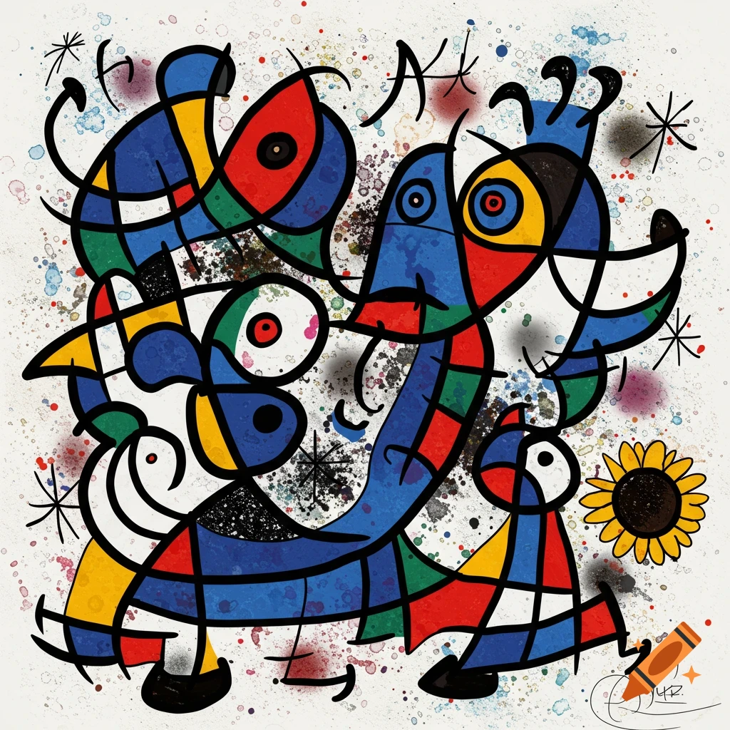 Abstract painting in Miro's style with colorful segmented figures, bold ...