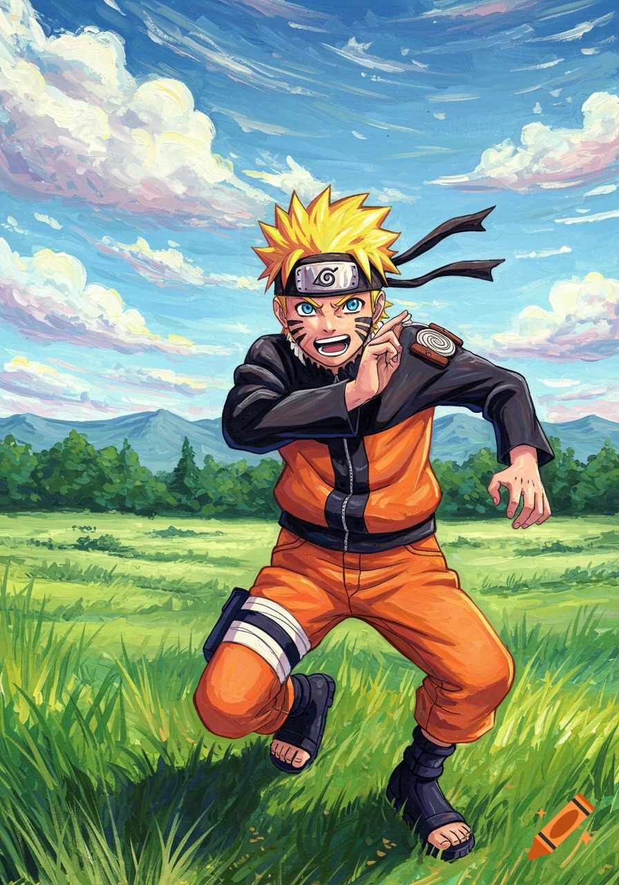 Naruto Uzumaki crouches atop Gamabunta, a giant green toad, under a stormy sky with lightning in ...