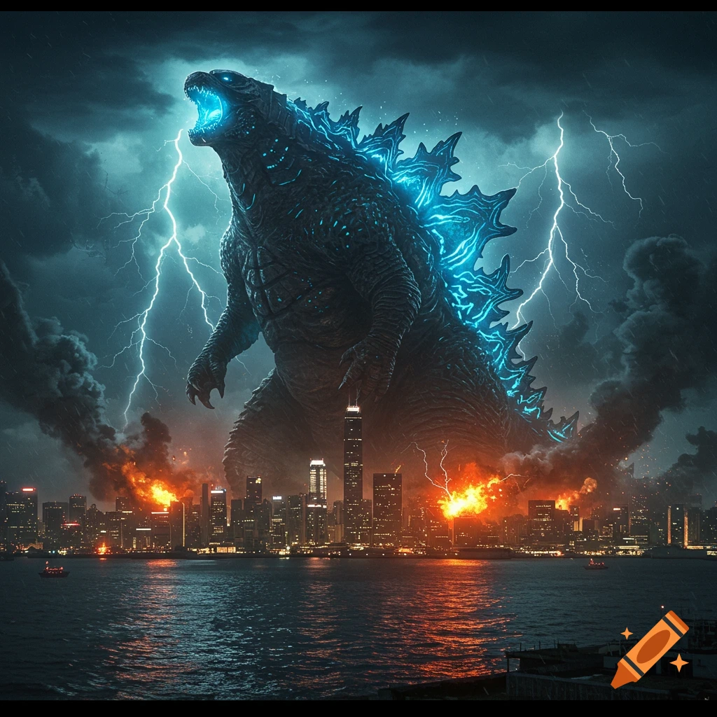 Godzilla stomps through a burning, destroyed city at night with ...