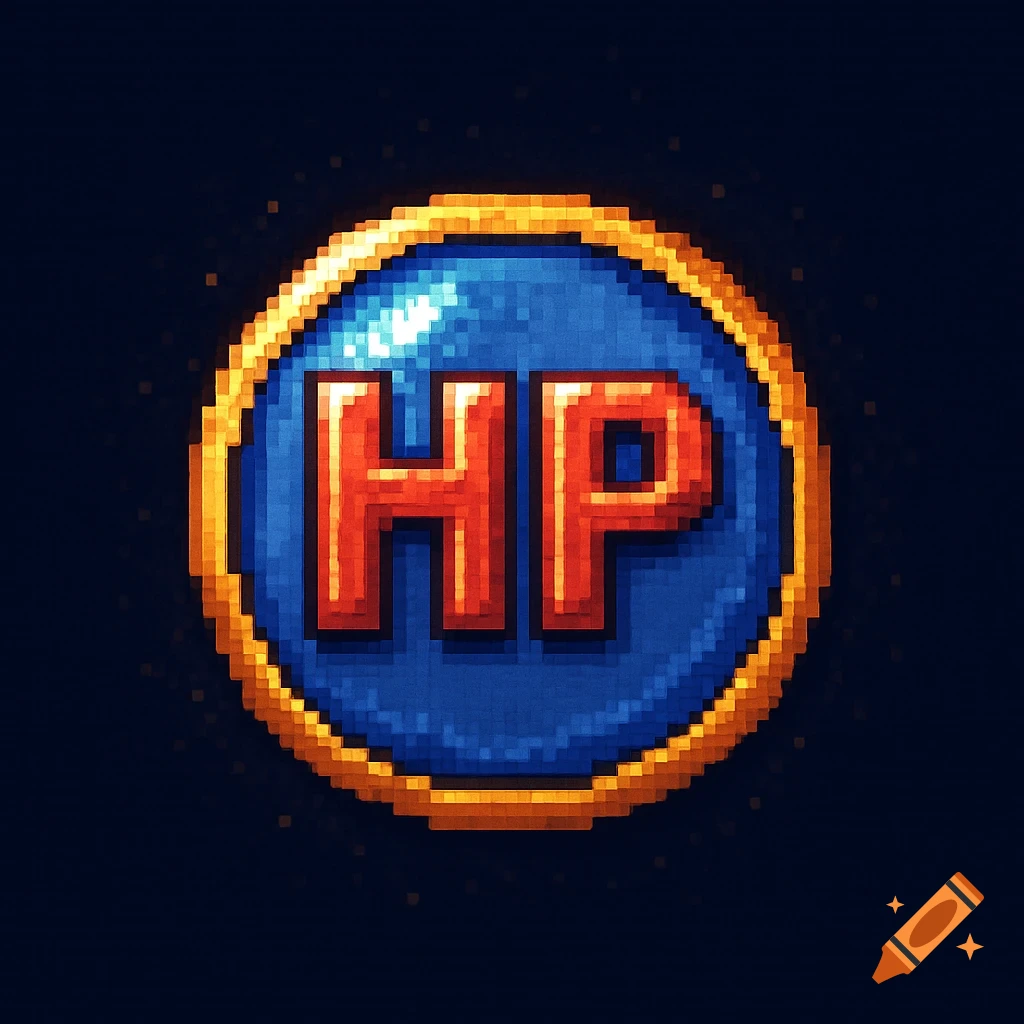 A pixel art button with a blue center and a golden rim, featuring the ...
