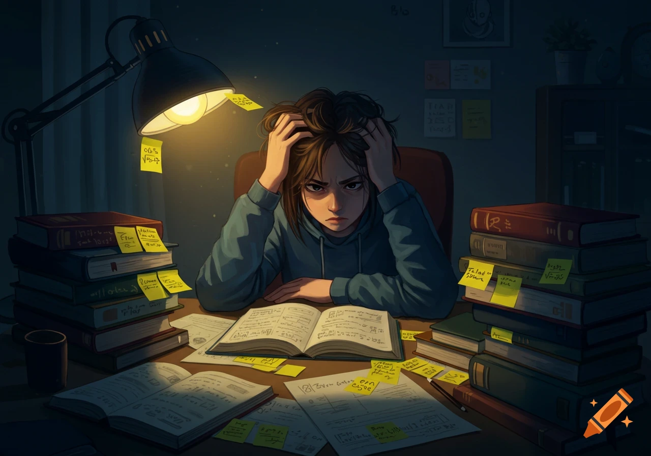 Illustration of a teenage girl studying at a desk by a window at night ...