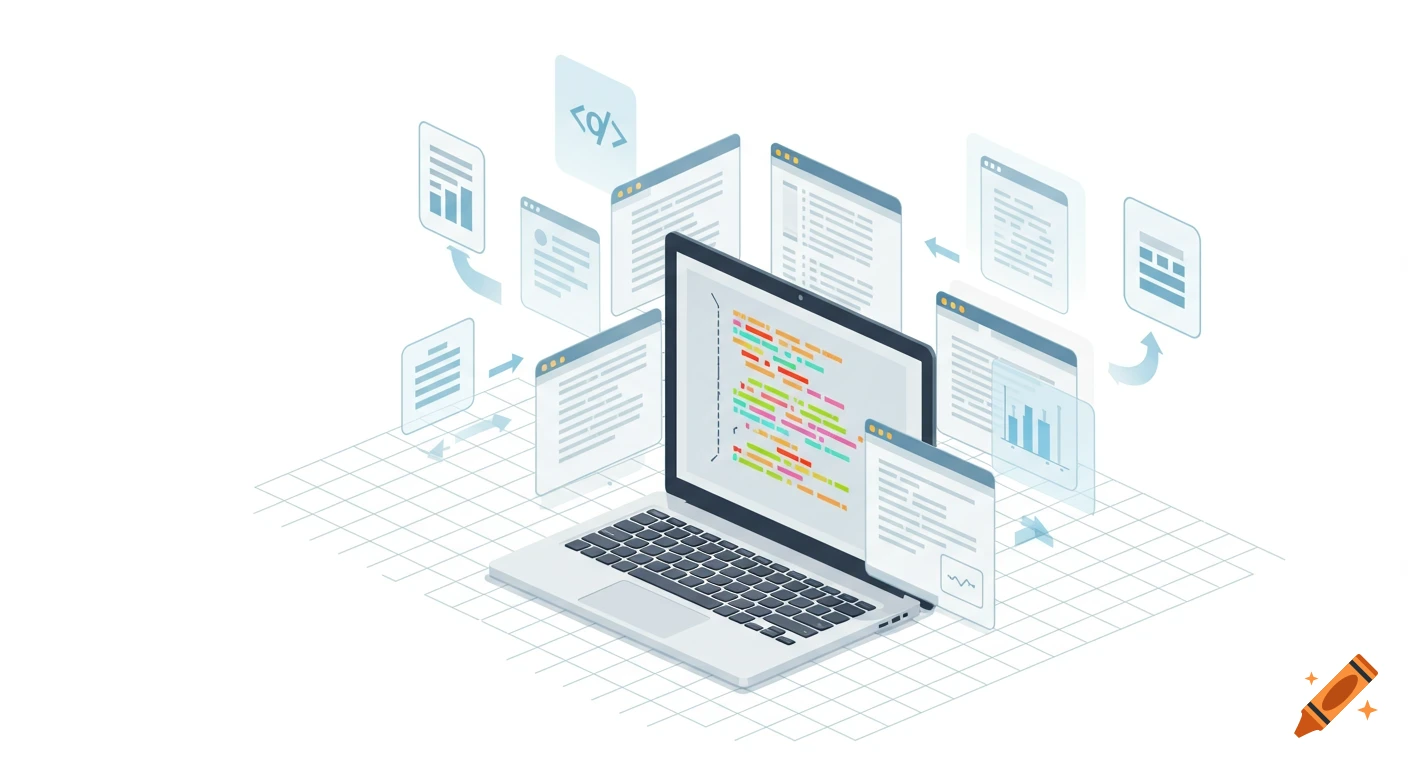 A flat-style illustration of a computer screen displaying code ...