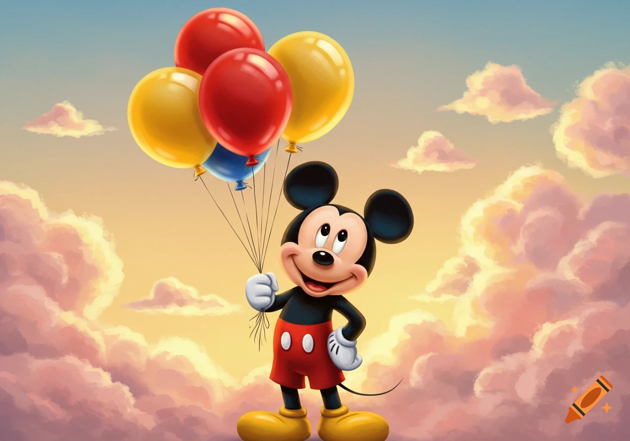 Happy Mickey Mouse holds red and yellow balloons while looking up at a ...