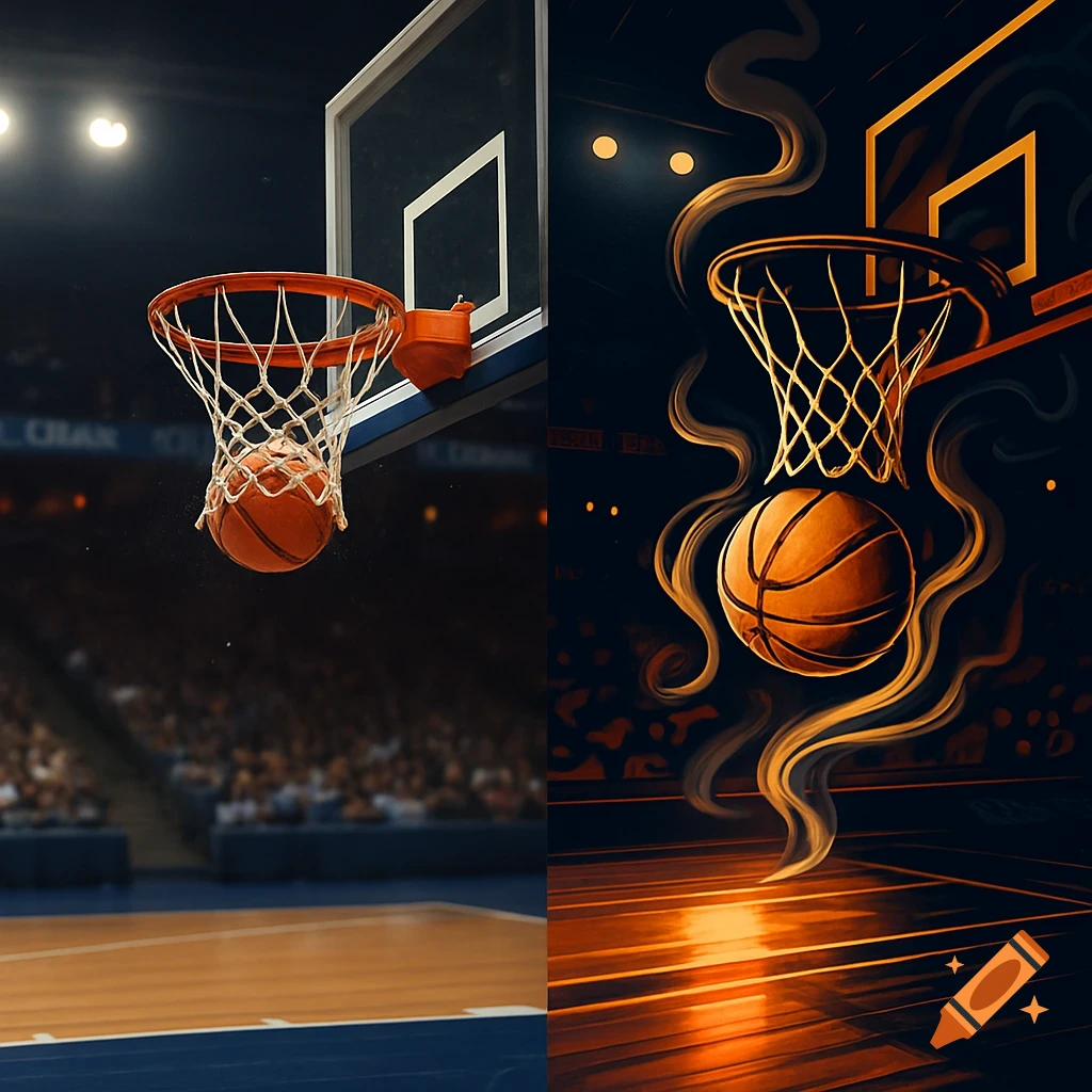 A stylized illustration of a female basketball player in a blue and red ...