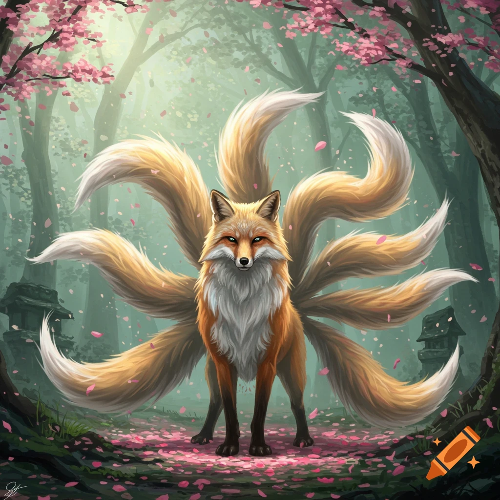 A majestic nine-tailed fox (Kitsune) with golden and white fur stands ...