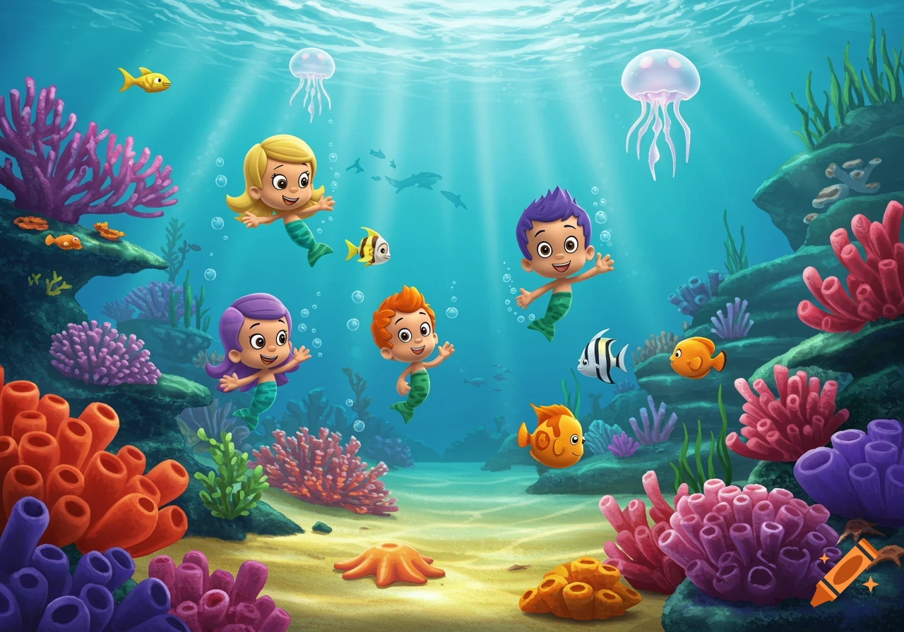 Cartoon Curious George swims with several Bubble Guppies mermaids and ...
