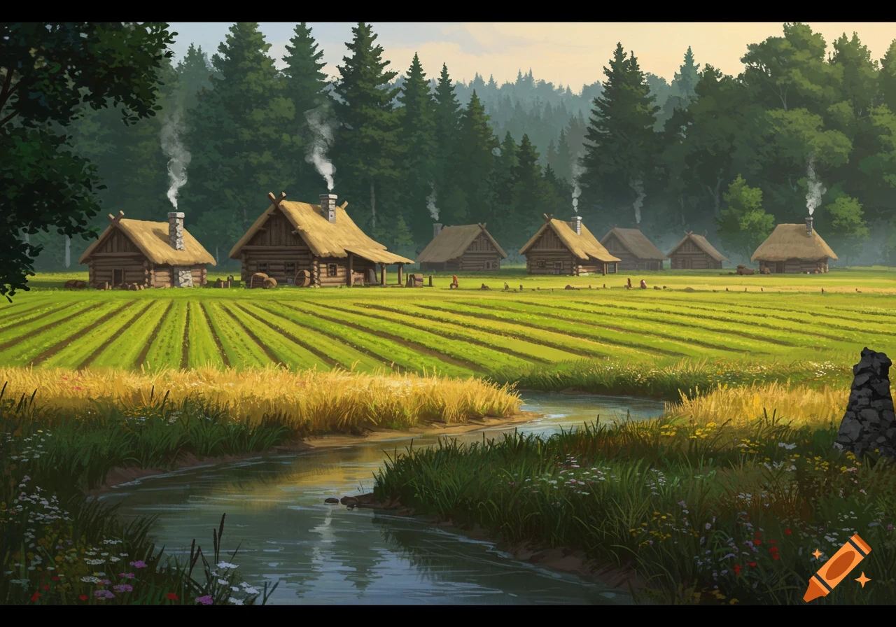 An idyllic animated rural village with thatched-roof houses, green farm ...
