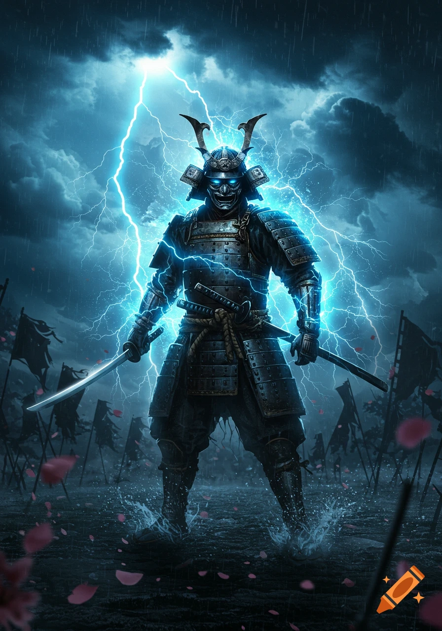 Dark samurai in a conical hat leaping with two flaming katanas, a black ...