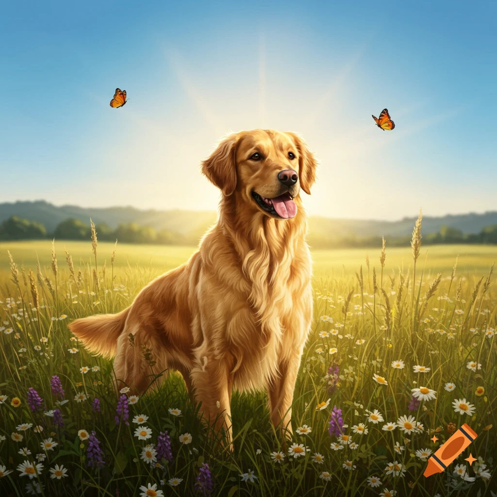 Golden retriever with a blue jay, two green grasshoppers, and a red ...