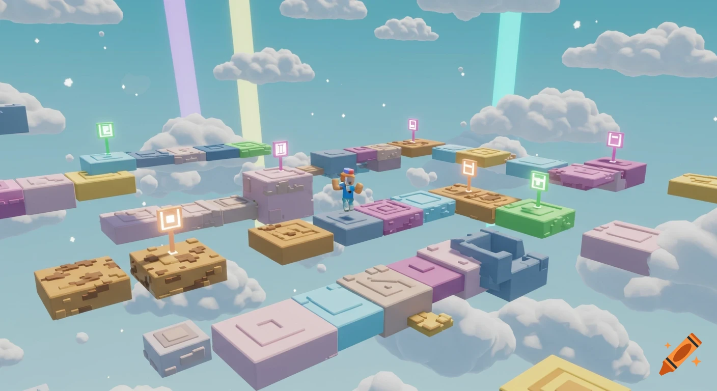 A 3D Roblox noob character runs across floating block platforms in a ...