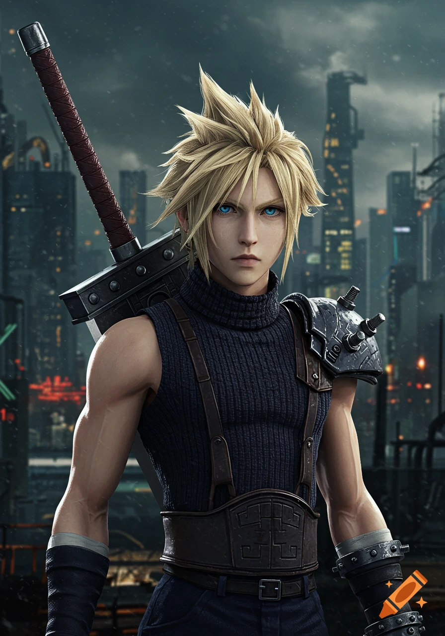 8-bit pixel art sprite of Cloud Strife from Final Fantasy VII, holding ...