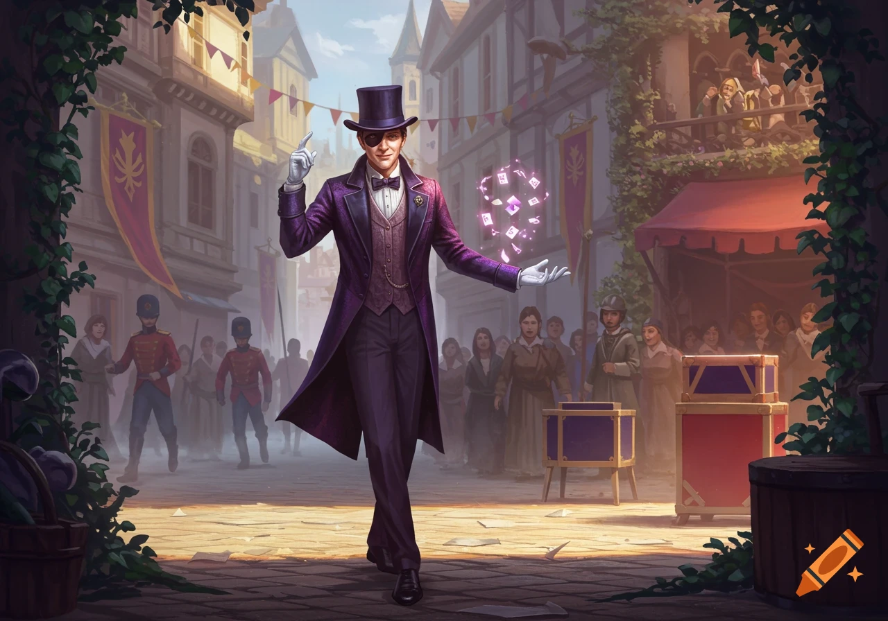 A dandy character in a top hat and monocle stands on stairs in a ...