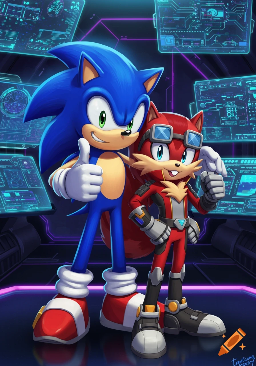 Sonic, Tails, and Knuckles watch Doctor Eggman operating a glowing ...