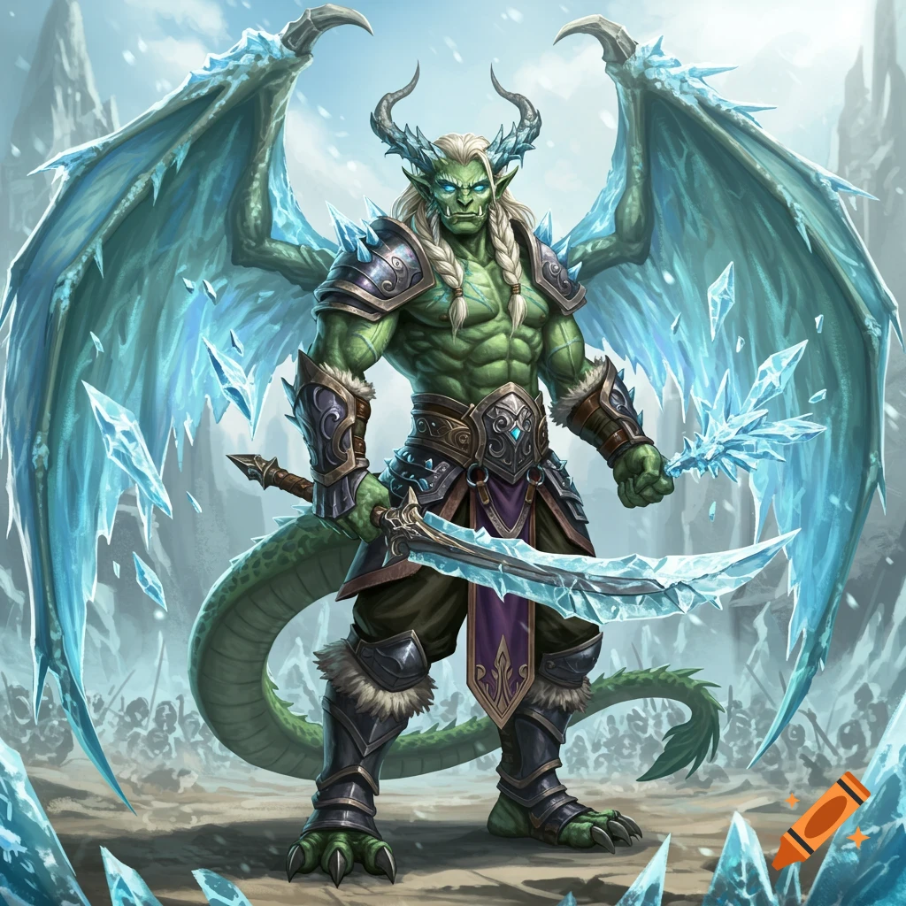 Green-skinned dragon-orc warrior with ice wings and horns, wearing ...