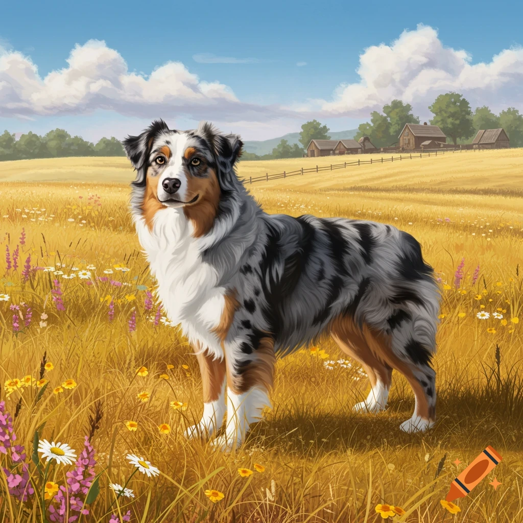 A tri-color merle mini Australian Shepherd dog with blue eyes stands on ...