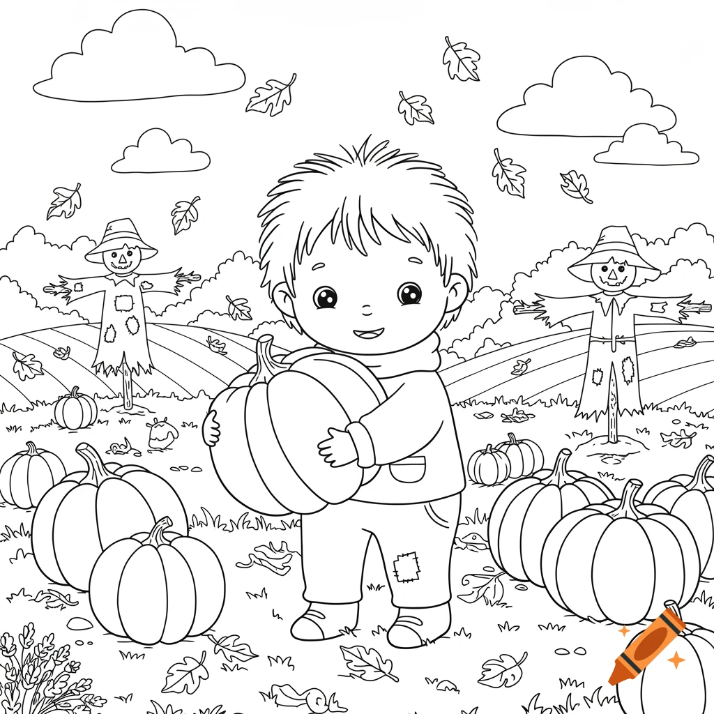 A line art coloring page of a happy child throwing autumn leaves in a ...