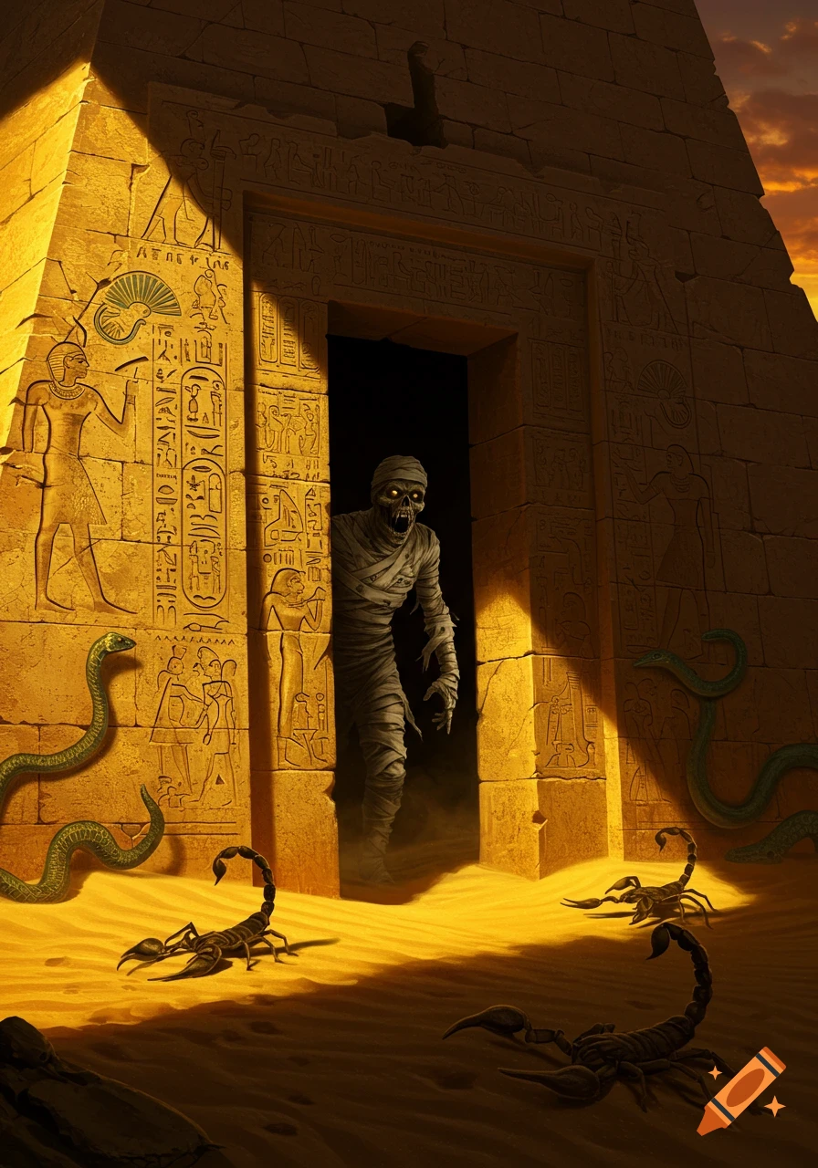 An ancient Egyptian tomb chamber with sarcophagi, a large mummy statue ...