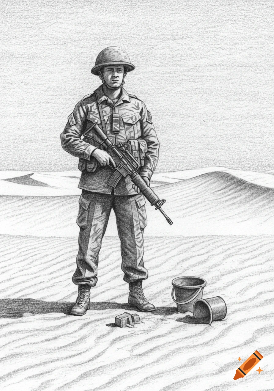 Pencil drawing of a British soldier standing in a desert, holding an ...